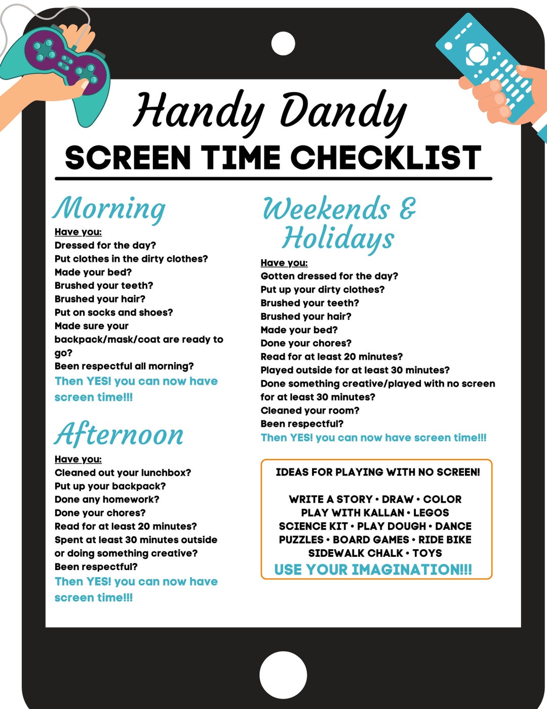 Screen Time Checklist Kids Screen Time Sheet Download - Etsy Australia