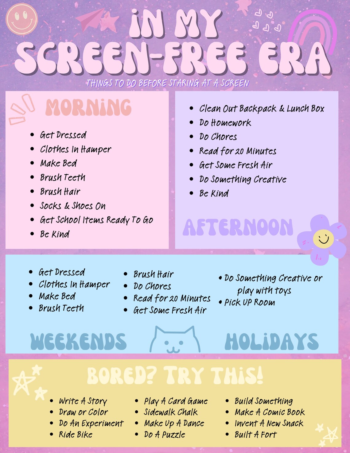 Screen Time Checklist Kid Tween Girl Preppy Aesthetic Screen Free Era ...