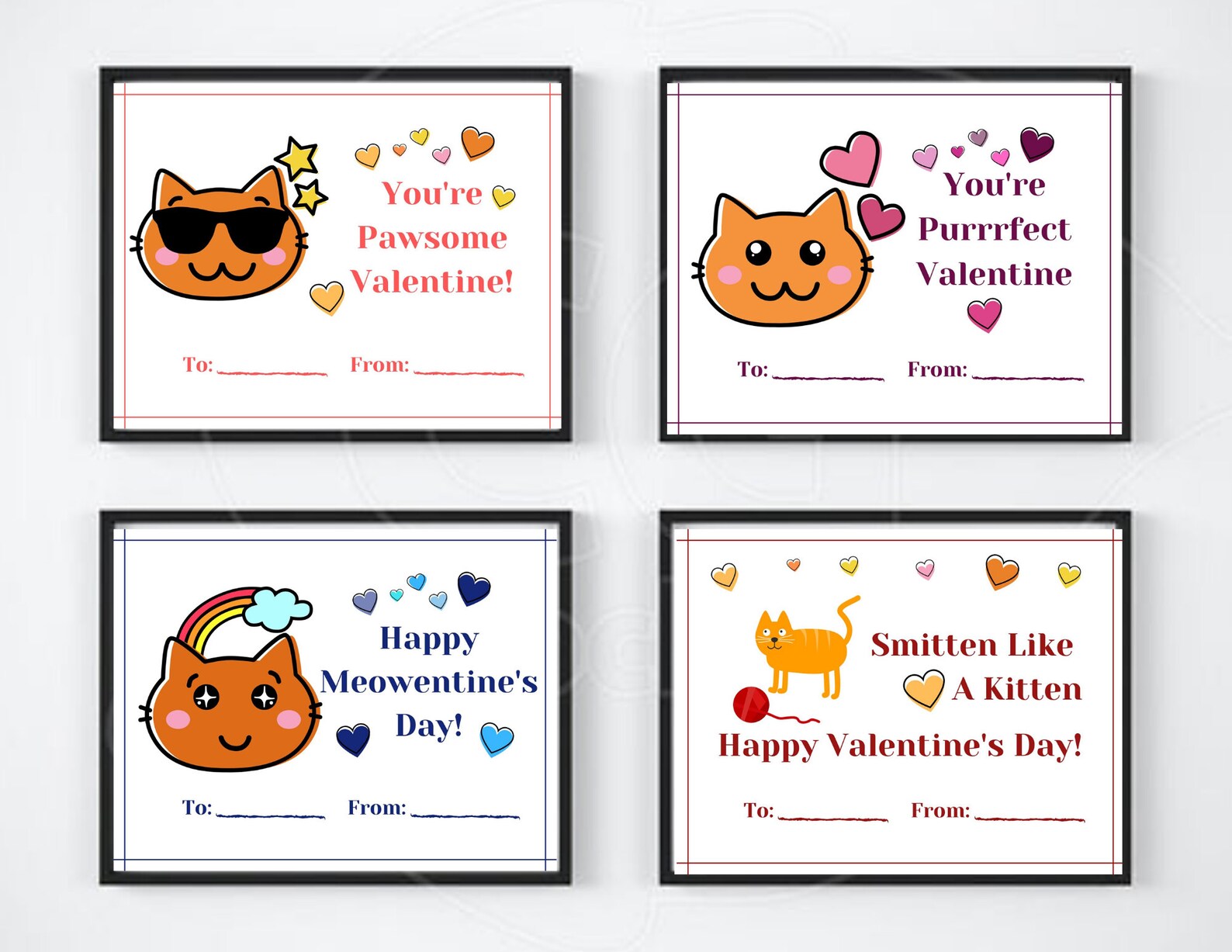 Cute Cat Printable Valentines Cards 4 Kids Valentines Cards | Etsy