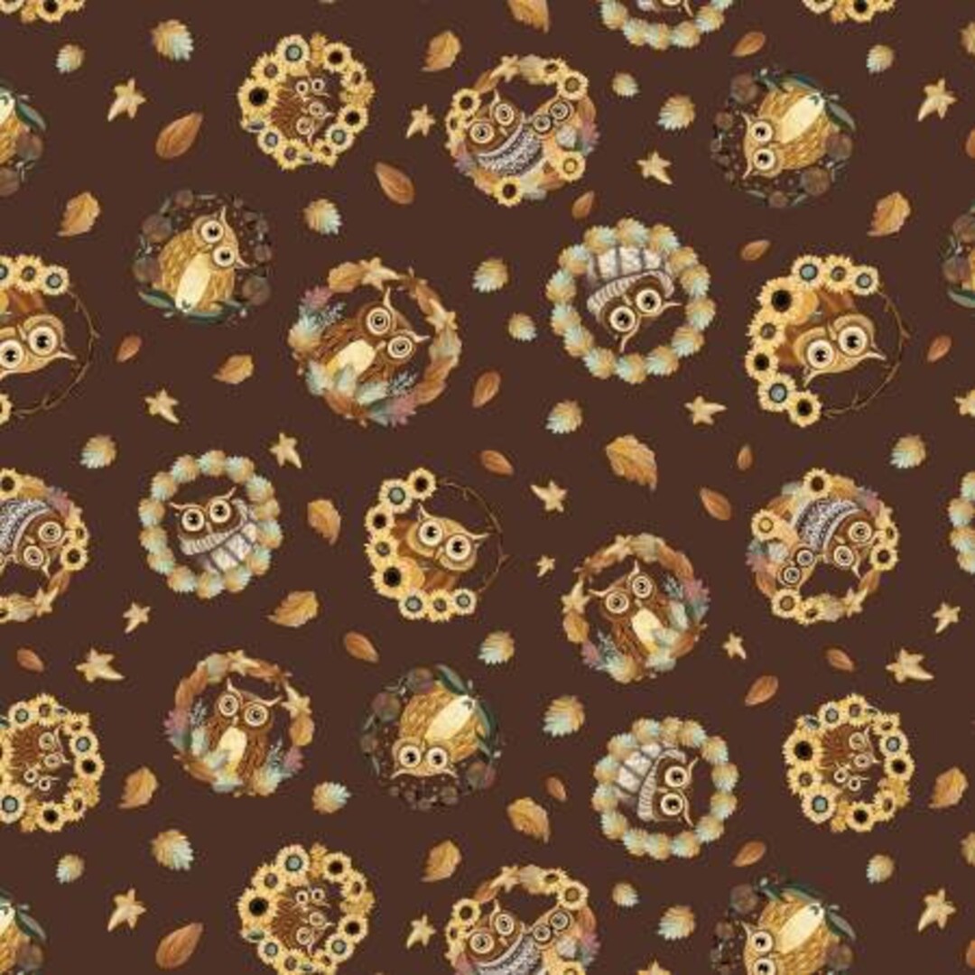 Owl Fabric by the Yard, Happy Fallidays, Wreath, Sunflowers, Fall ...