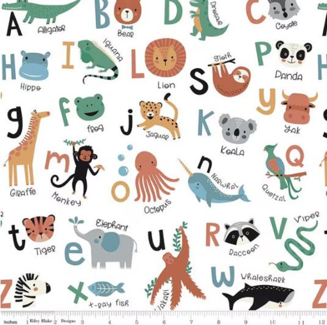 Alphabet Zoo Flannel Fabric by the Yard, Riley Blake, White ABC Animals ...