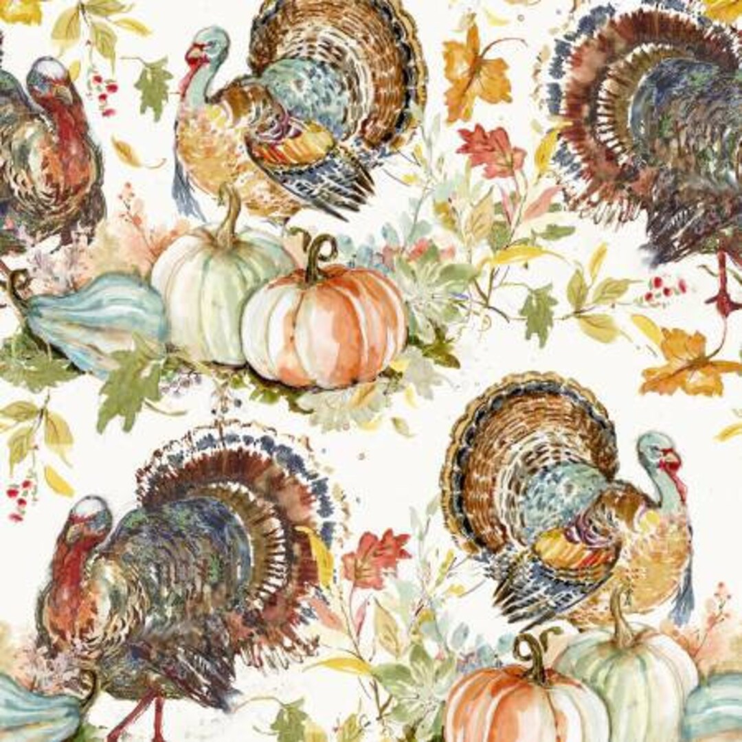 Turkey Fabric, by the Yard, Fall Pumpkins Leaves, Brown Tan Orange ...