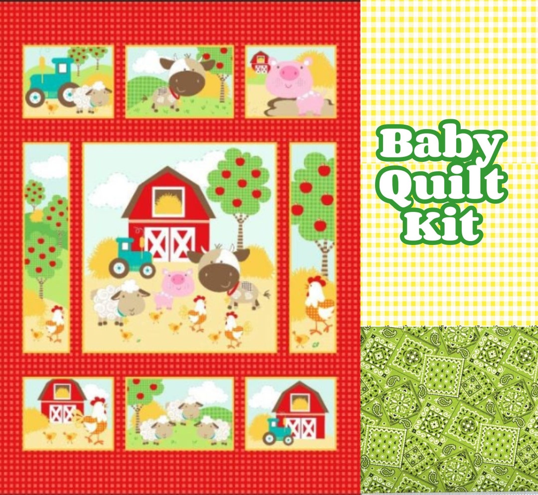Baby Quilt Kit,farm Animals,tractor Chickens Cows Sheep Pig Gingham ...