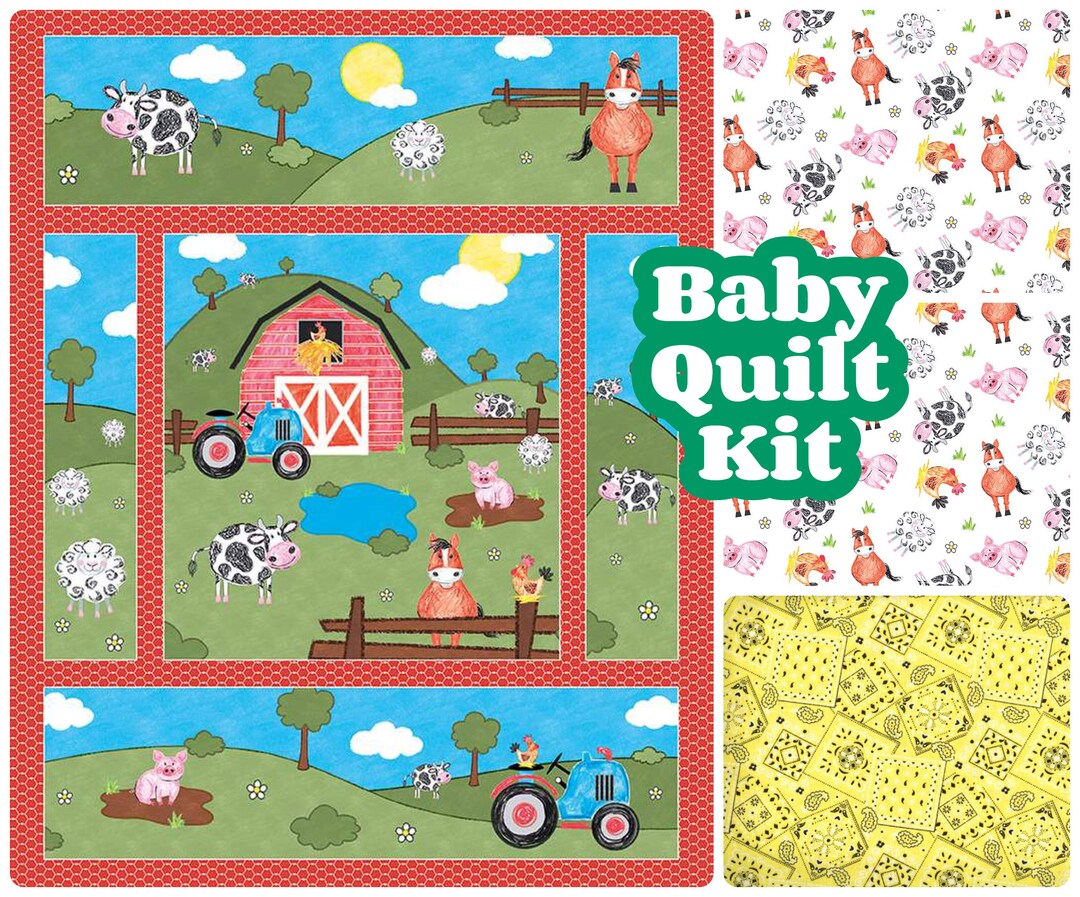 Baby Quilt Kit, Farm Animals, Horses Cows Sheep, Pig Green Yellow ...