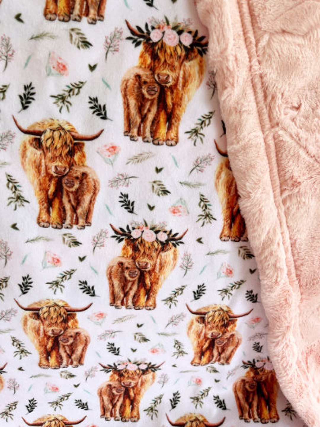 Highland Cows Blanket, Cattle Cow Minky, Baby Girl, Floral Pink ...