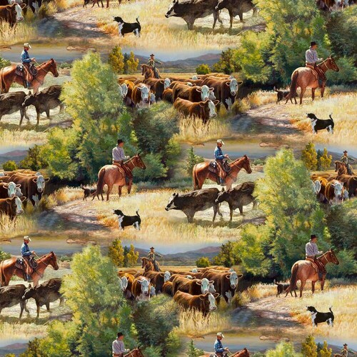 Working Ranch Cotton Fabric Cowboy Cow Horse - Etsy