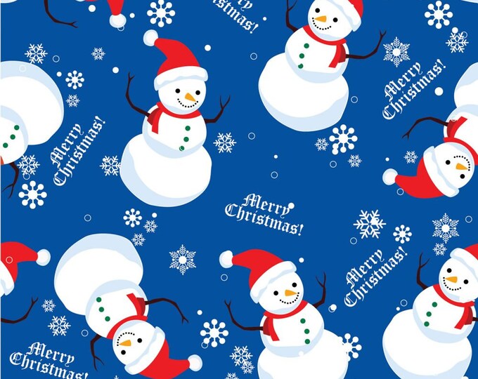 32" End of Bolt Snowman Christmas Fabric, Blue White, Snowflakes ...