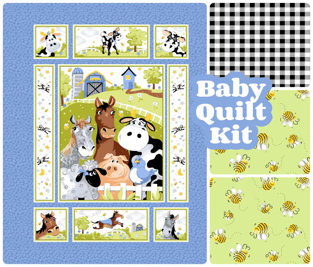 Baby Quilt Kit, Farm Animals, Horses Cows Sheep, Pig Blue Green ...