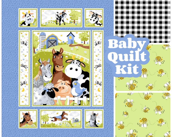 Baby Quilt Kit, Farm Animals, Horses Cows Sheep, Pig Blue Green ...