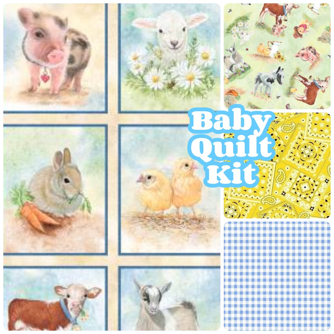 Baby Quilt Kit, Farm Animals, Horses Cows Sheep, Pig Blue Green ...