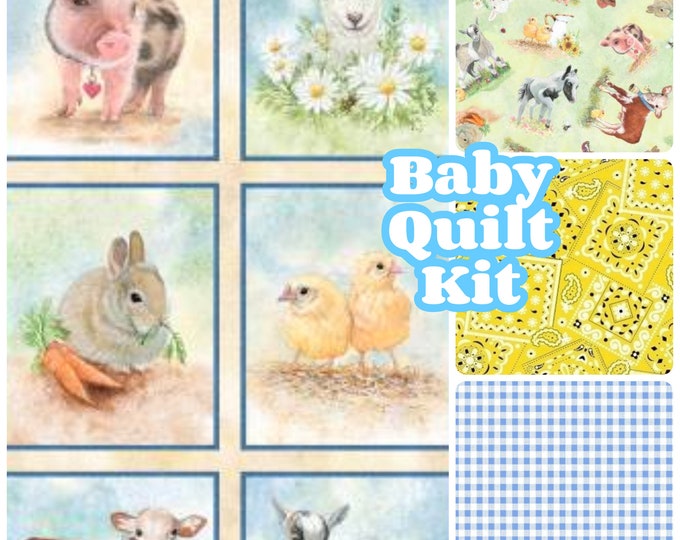 Baby Quilt Kit, Farm Animals, Horses Cows Sheep, Pig Blue Green ...