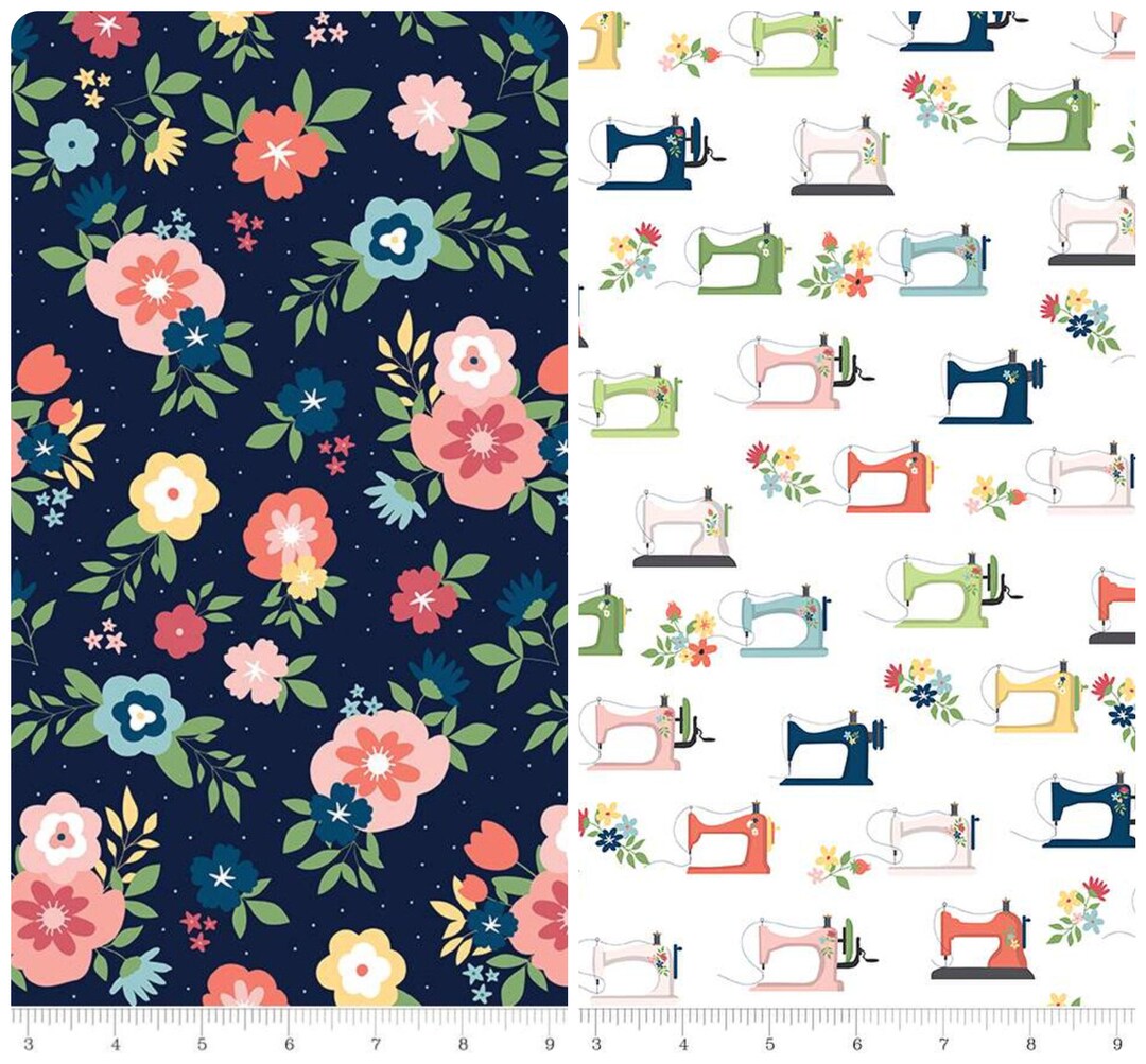 Riley Blake Fabric, Sew Much Fun, Floral Sewing Machines, Navy Blue ...
