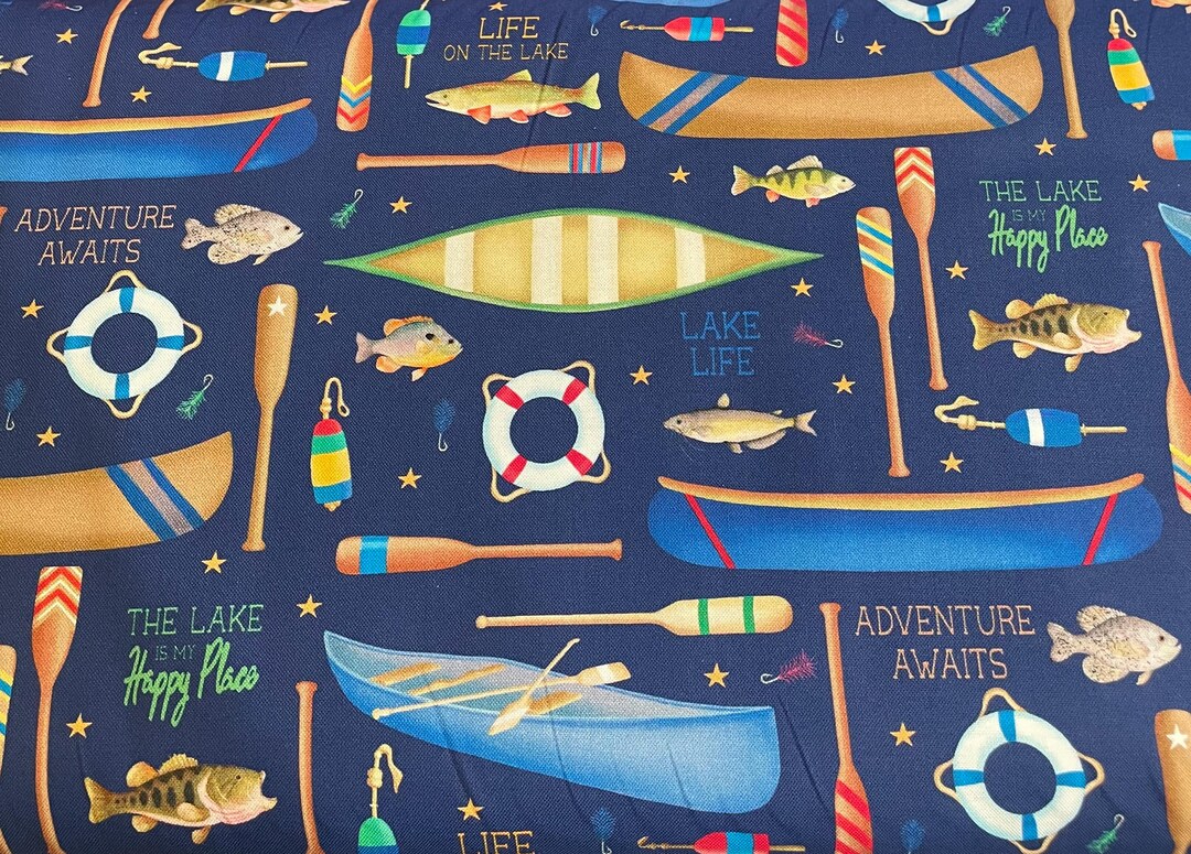 Lake Life Cotton Fabric, by the Yard, Quilting Cotton, Navy, Sail Away ...