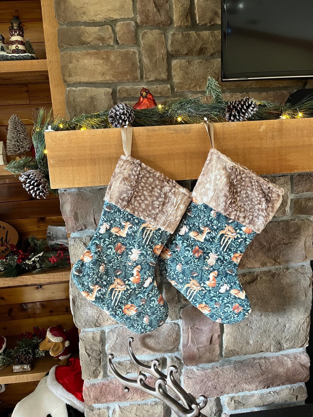 Christmas Stockings, Woodland Soft Green, Deer Fawn Fox, Squirrel Bunny ...