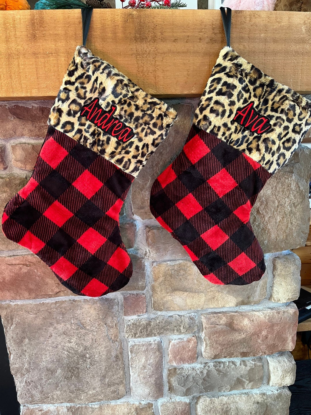 Leopard Christmas Stockings, Buffalo Plaid Red Black, Leopard Print ...