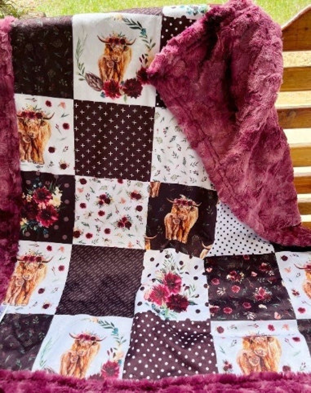Highland Cows Blanket, Cattle Cow Minky, Baby Girl, Floral Merlot ...