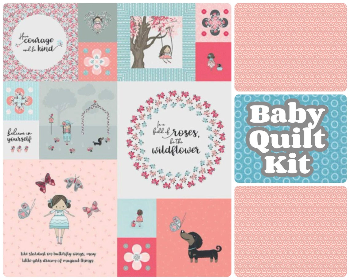Baby Quilt Kit, Pink Baby Girl, Puppy Butterfly Floral Flowers, Easy ...