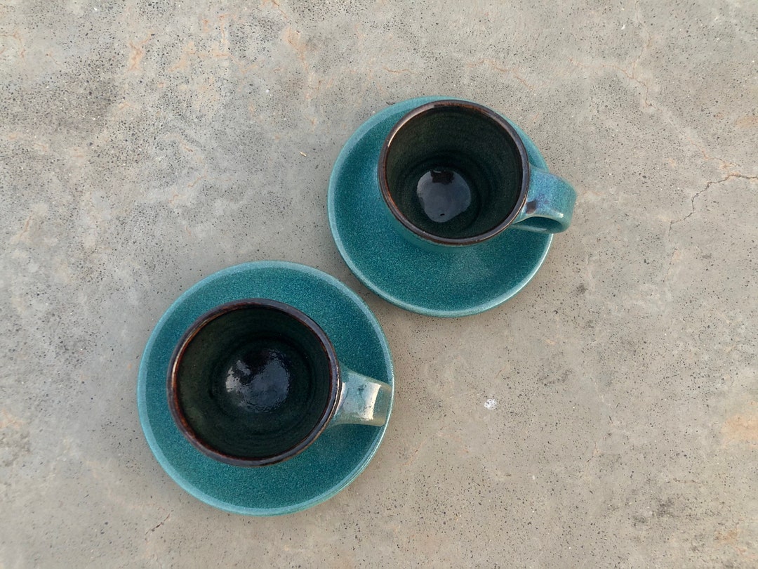 Buy Handmade Ceramic Cups / Long Black Cups and Plate Set / Turquoise ...