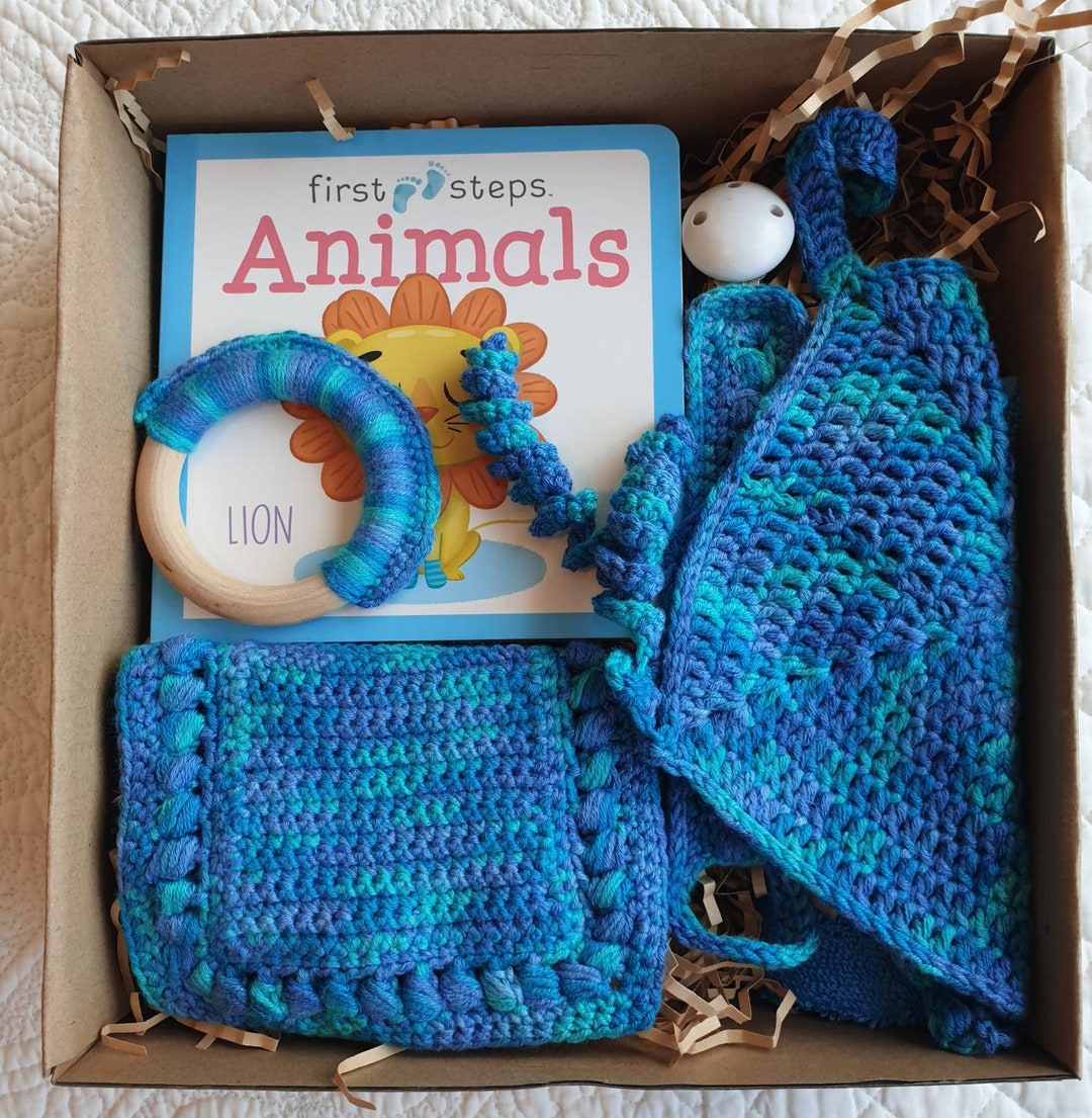 Baby Gift Set Hamper Box, Bespoke Hand Crocheted Matching Cuddly Raggie ...