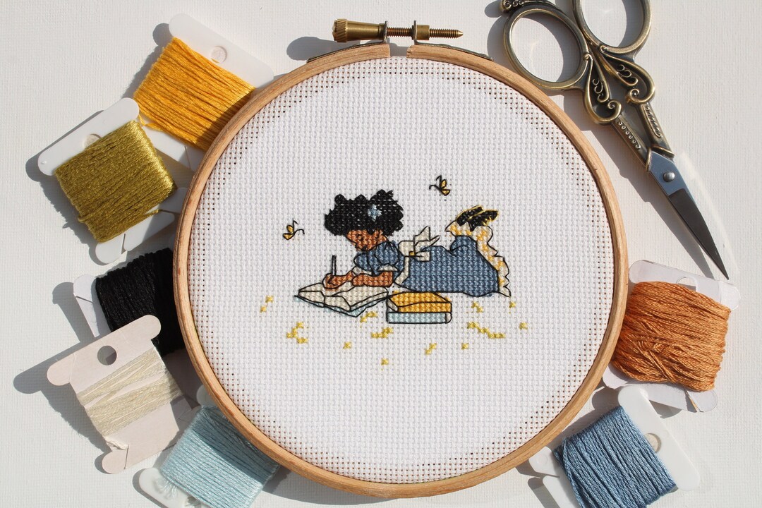 Cross Stitch Pattern, Girl Reading and Writing, Hoop Art, Family Gifts ...