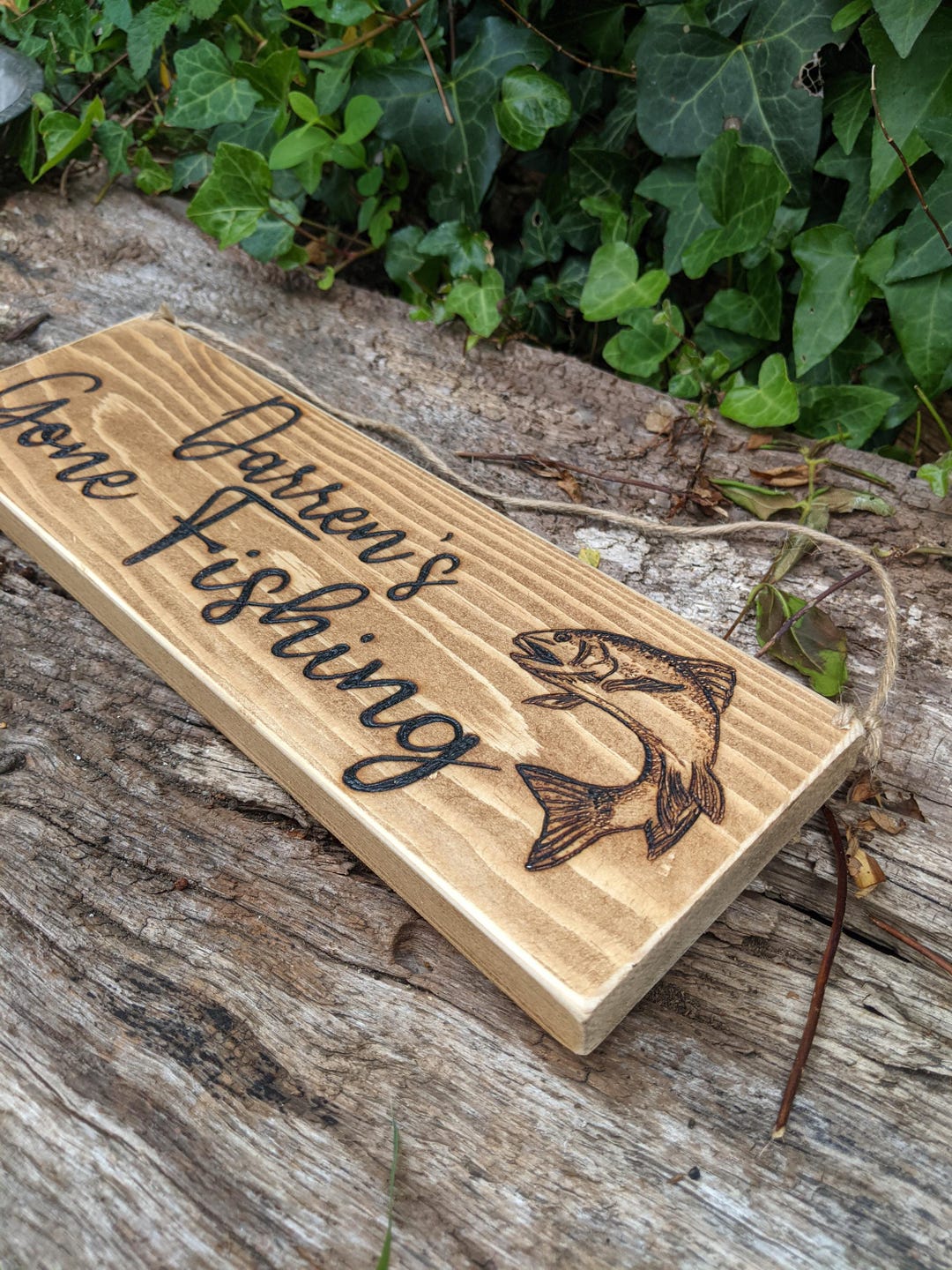 Personalised Gone Fishing Sign: Rustic Reclaimed Wood, Hand Engraved ...