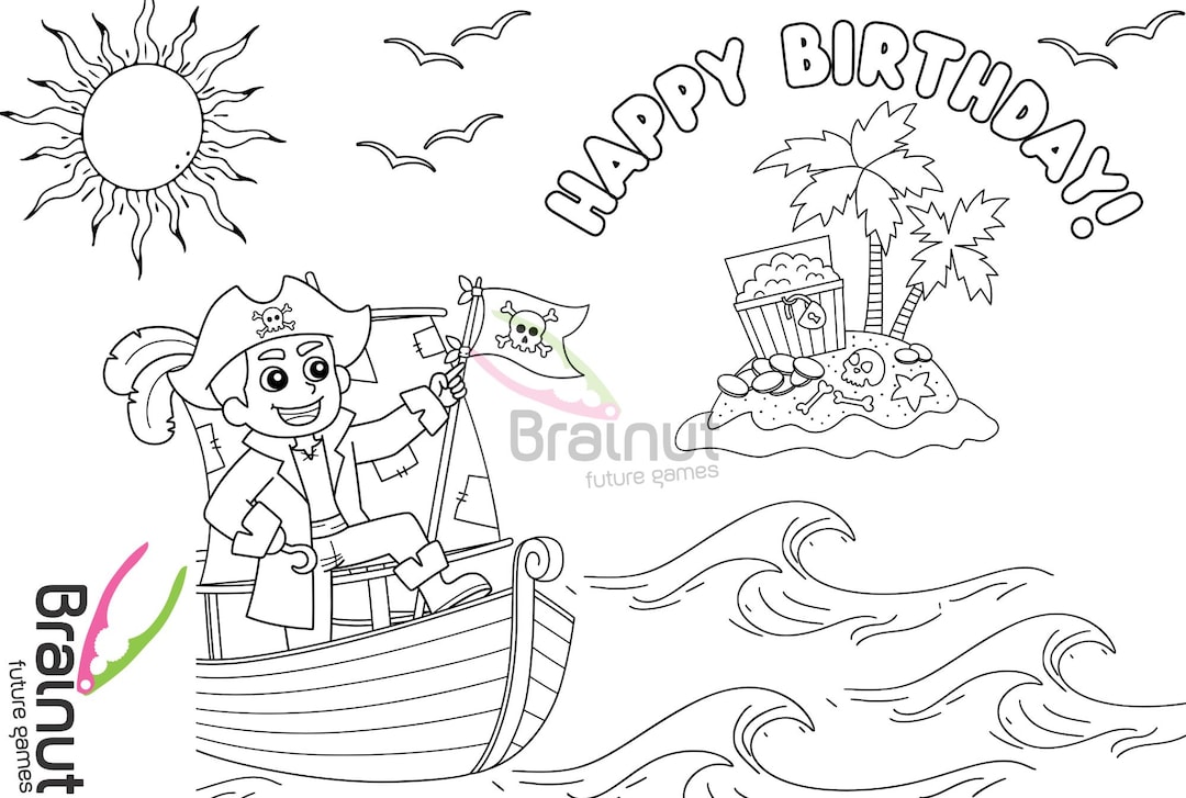 Pirate Happy Birthday Coloring Page, Pirate Ship, Pirate Treasure - Etsy