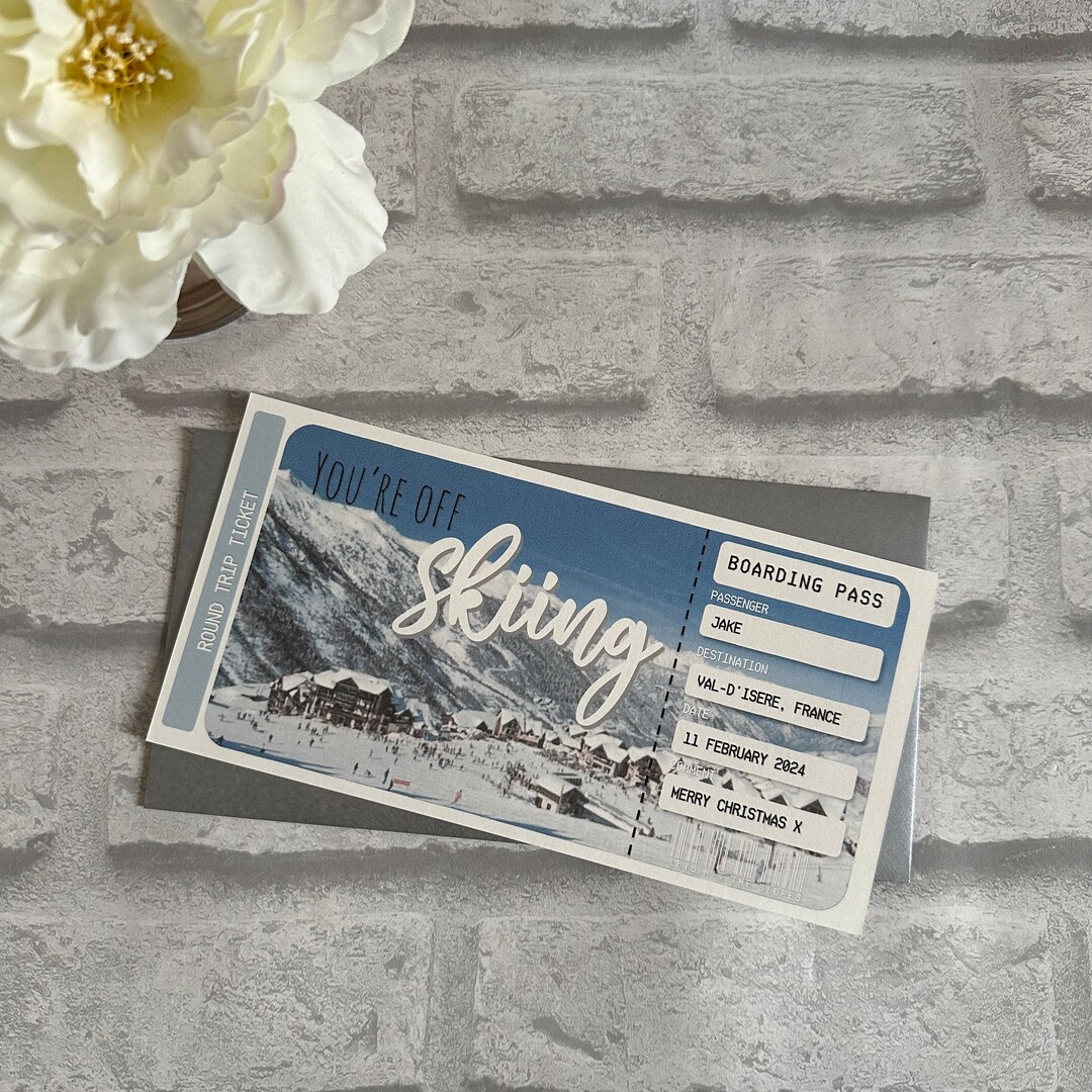 Printed Boarding Pass Ticket With Metallic Envelope - Personalised, Ski ...