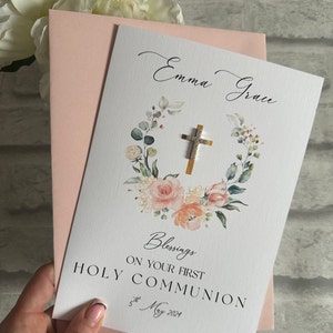 Personalised Communion Card: Floral Diamanté Cross, Religious ...
