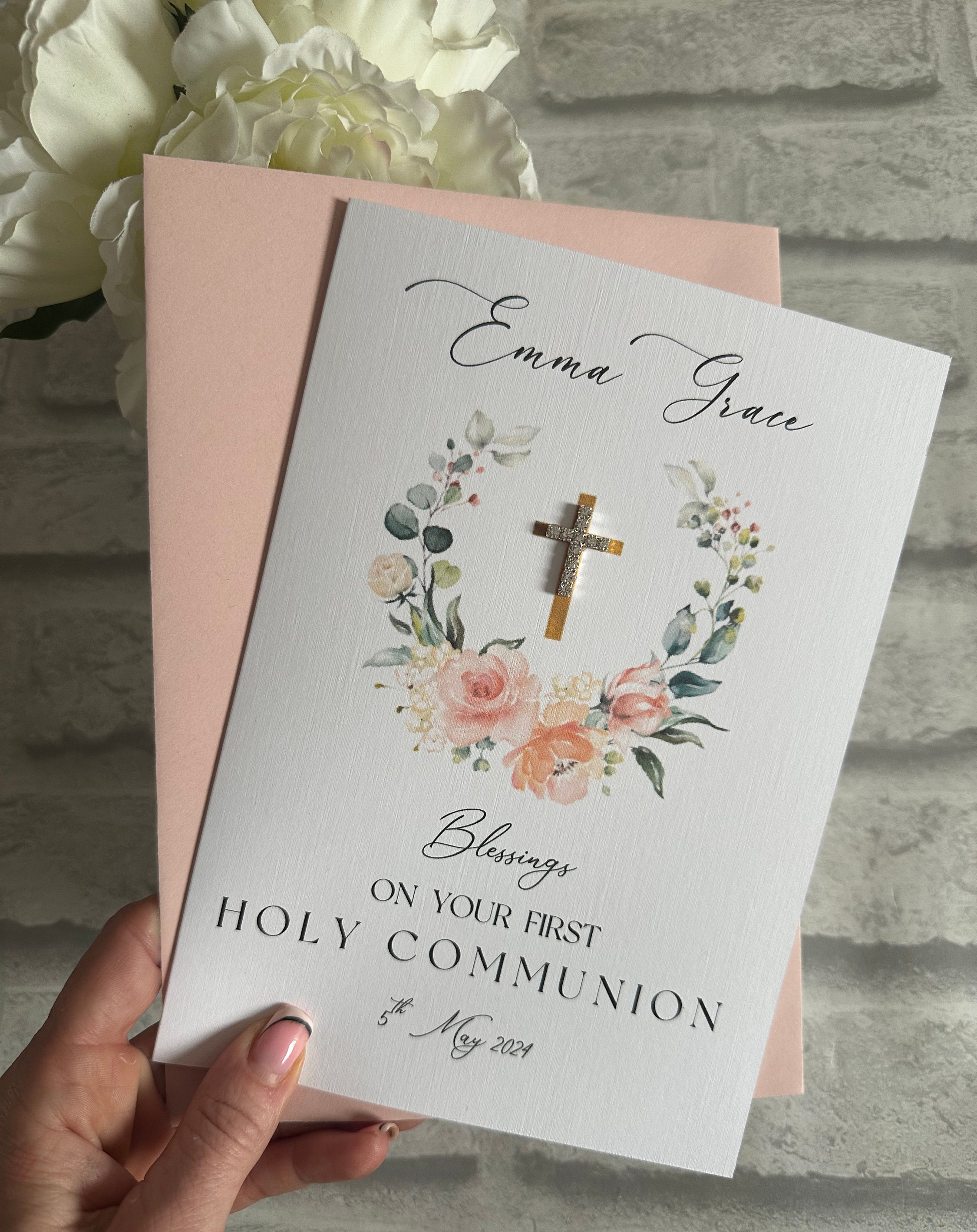 Personalised Communion Card: Floral Diamanté Cross, Religious ...
