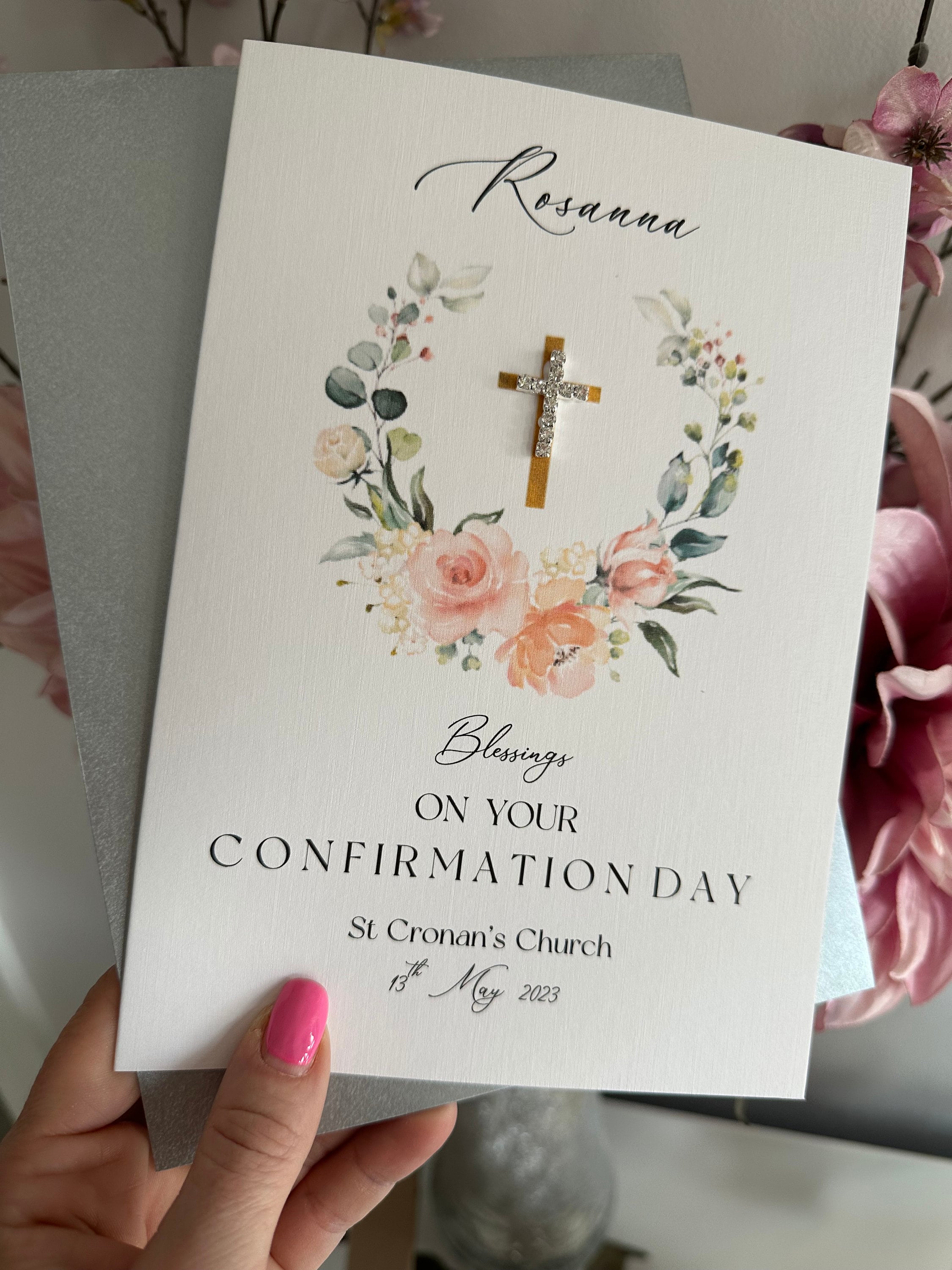 Personalised Communion Card: Floral Diamanté Cross, Religious ...
