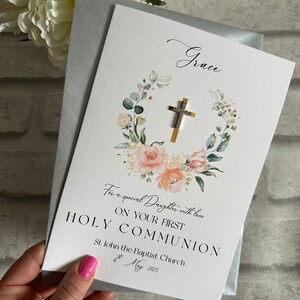 Personalised Communion Card: Floral Diamanté Cross, Religious ...