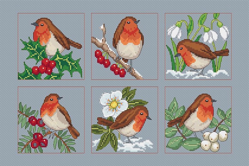 Set of Six Robin Cross Stitch Charts - Etsy