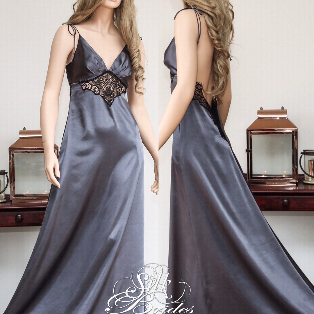 Grey & Black Long Backless Satin Nightgown Slip, Sexy Honeymoon Bridal ...