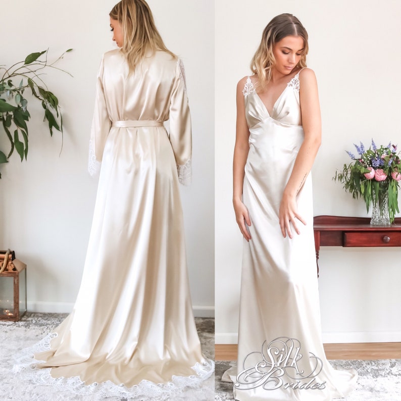 Champagne Bridal Robe & Nightgown Set, Luxury Boudoir Wedding Lingerie ...