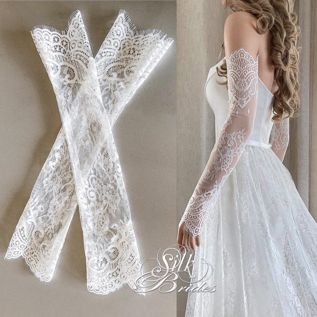 Long Fingerless Lace Bridal Gloves, Detachable Lace Sleeves, Custom ...