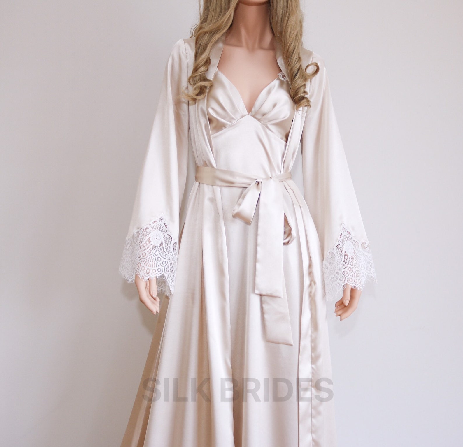 Maxi Champagne Bridal Robe & Nightgown Set, Luxury Boudoir Wedding ...