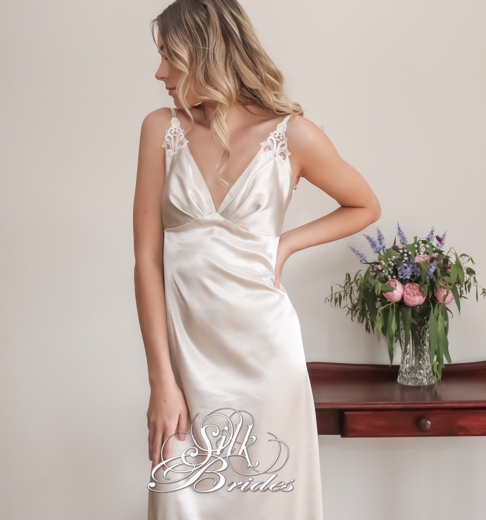 Champagne Satin Nightgown Negligee With Small Train, Boudoir Lingerie ...