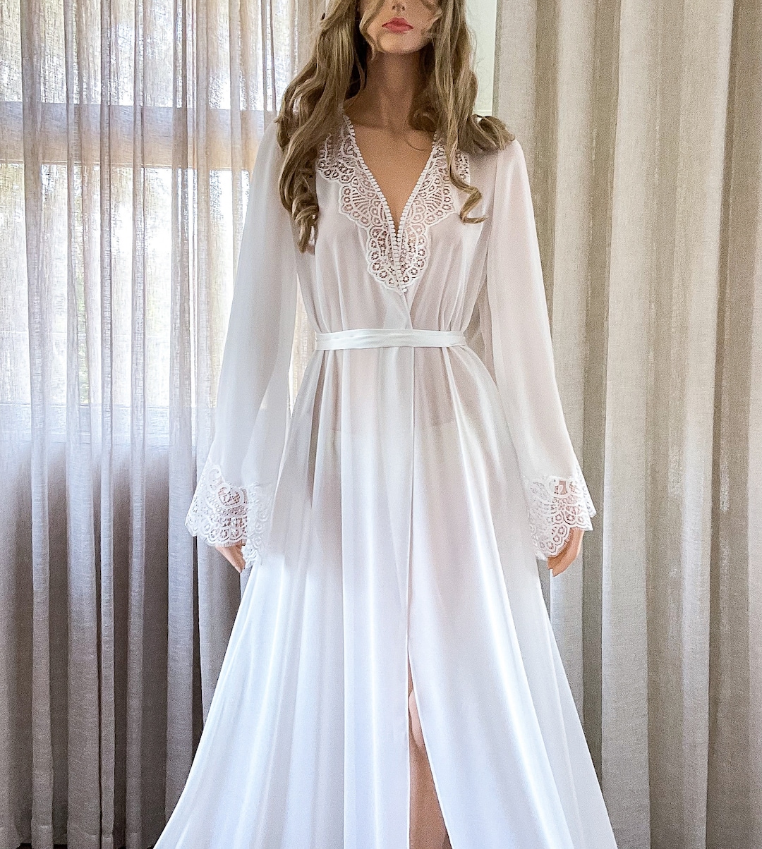 Transparent Long Chiffon Bridal Robe With Lace Trim Train, Boudoir ...