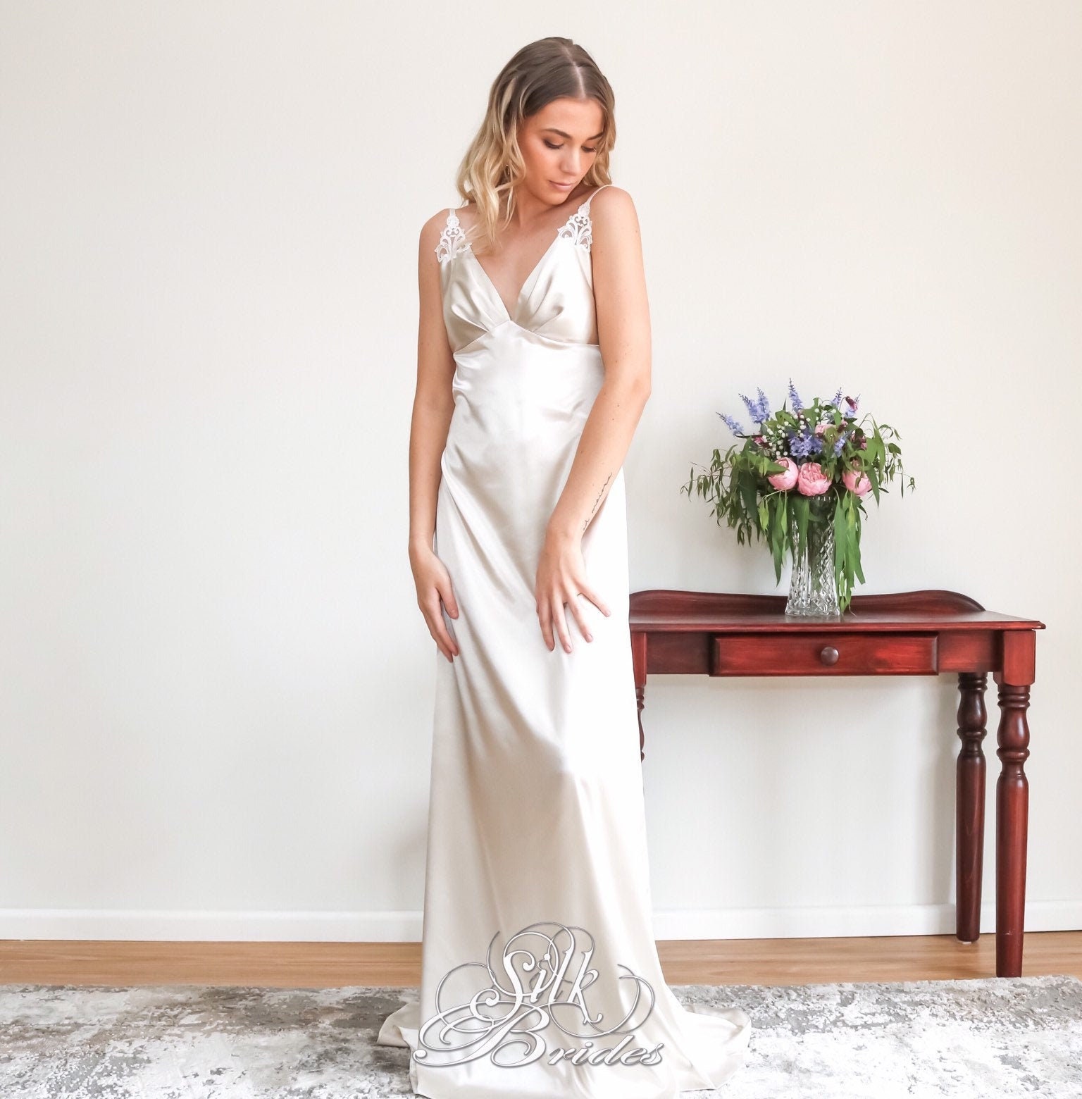 Champagne Satin Nightgown Negligee With Small Train, Boudoir Lingerie ...