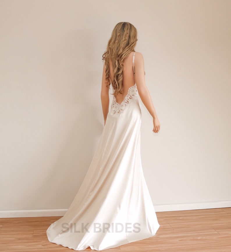 Champagne Satin Nightgown Negligee With Small Train, Boudoir Lingerie ...