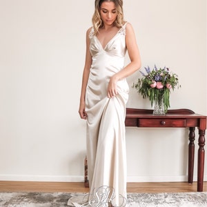 Champagne Satin Nightgown Negligee With Small Train, Boudoir Lingerie ...