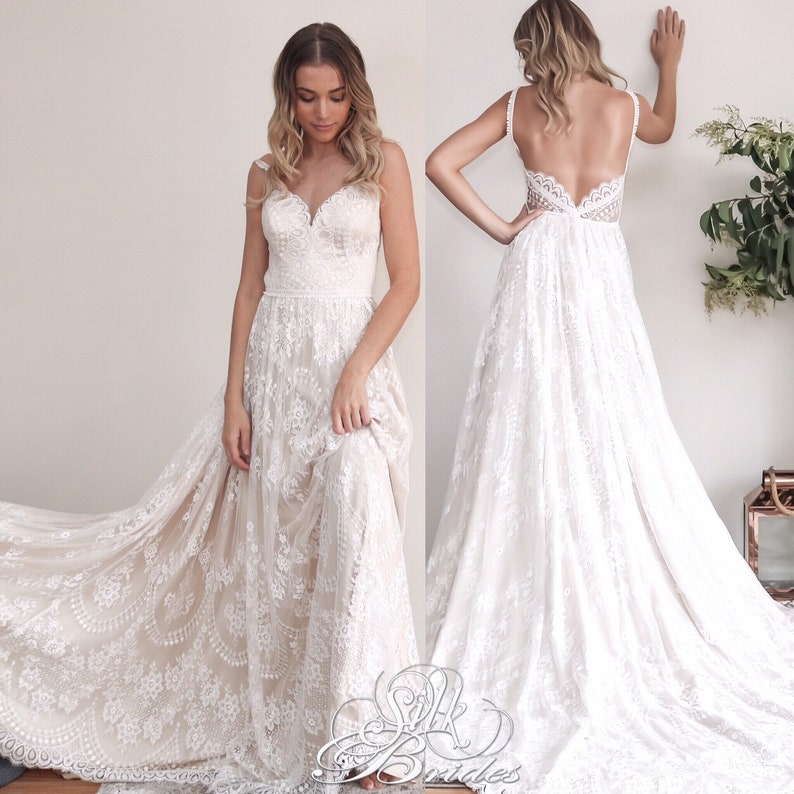 Romantic Backless Boho Lace Wedding Dress Summer Beach Garden - Etsy