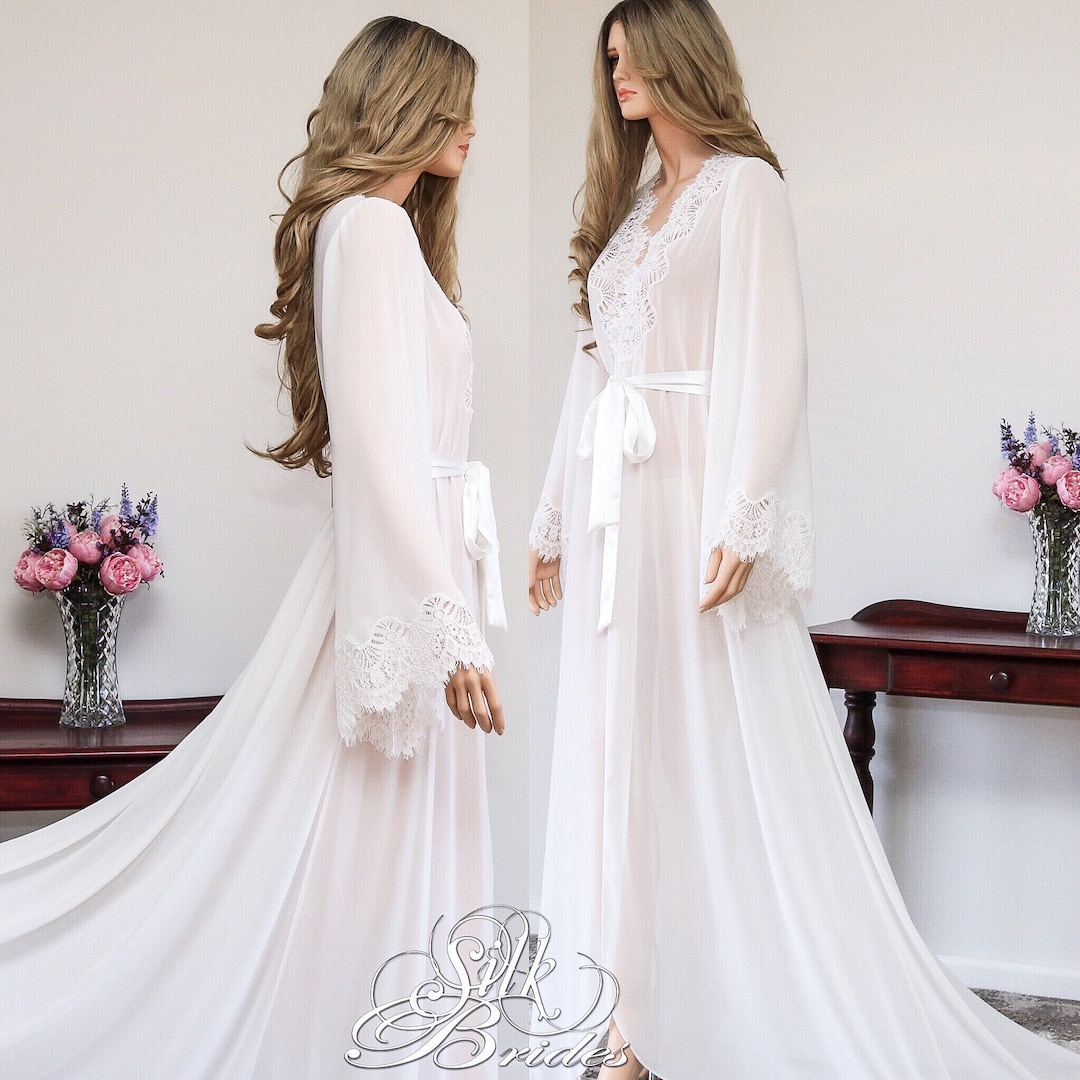 Long Chiffon Bridal Robe With Train, Transparent Boudoir Getting Ready ...
