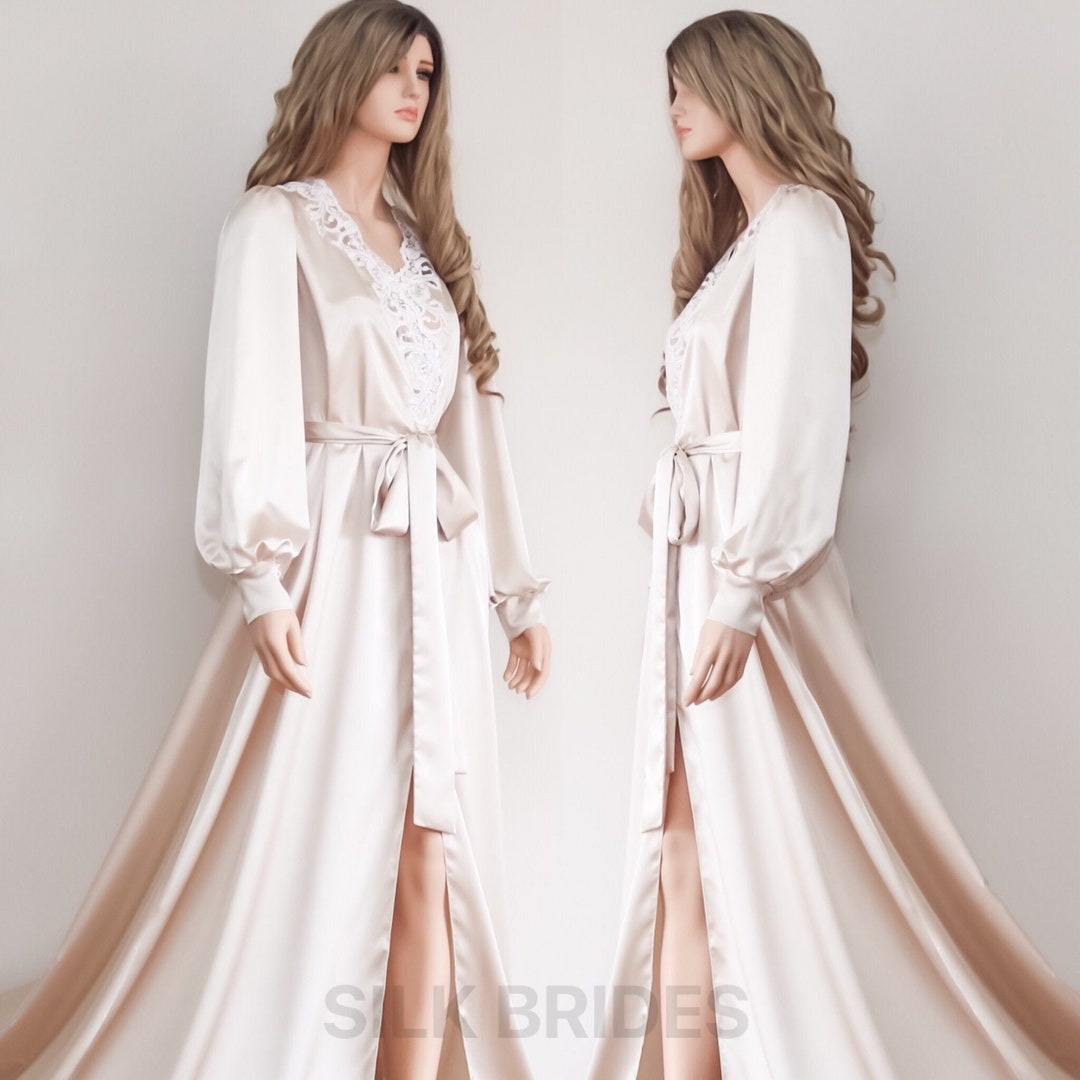 Maxi Long Bridal Robe With Train, Champagne Getting Ready Dressing Gown ...
