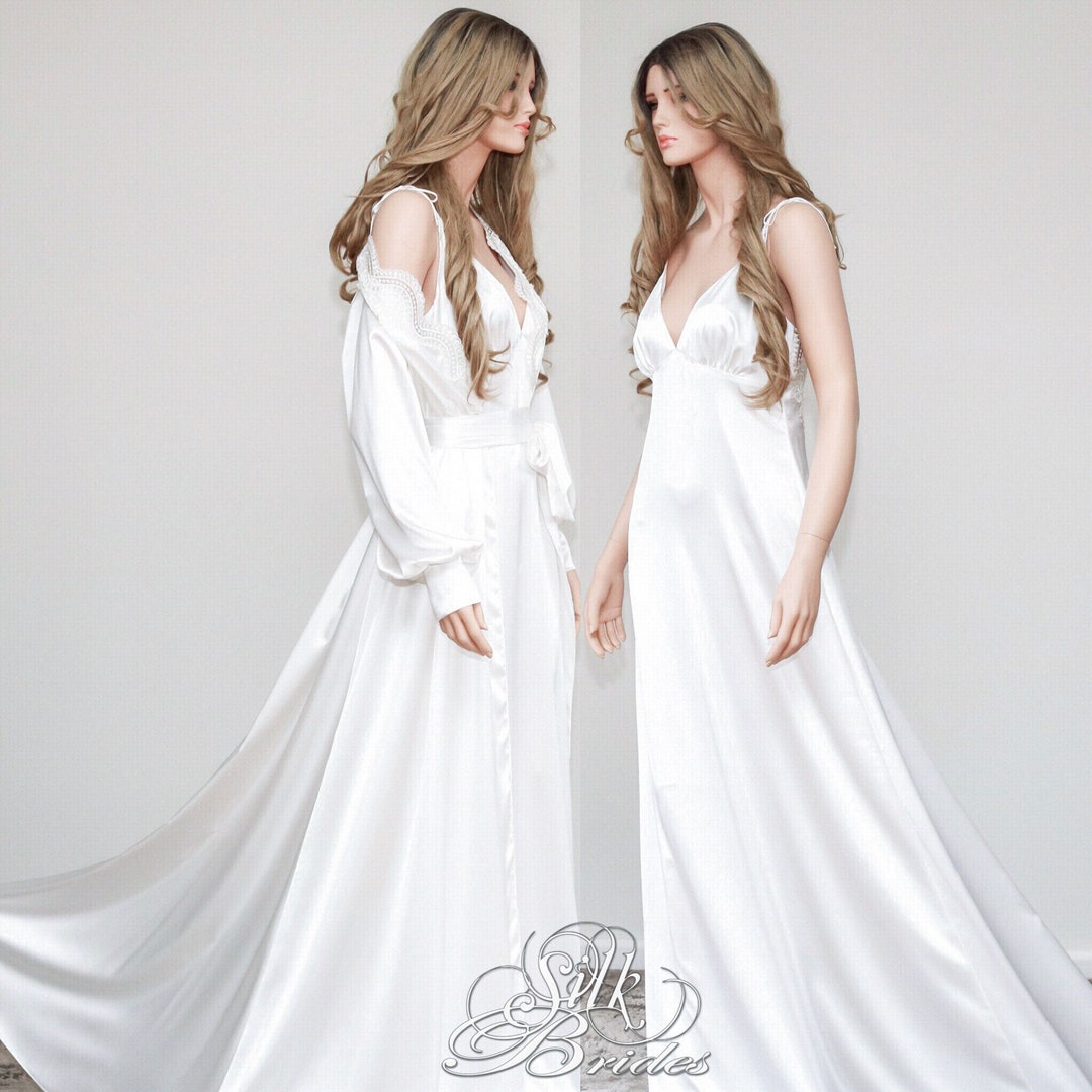 White Satin Robe and Nightgown Getting Ready Negligee Set - Etsy