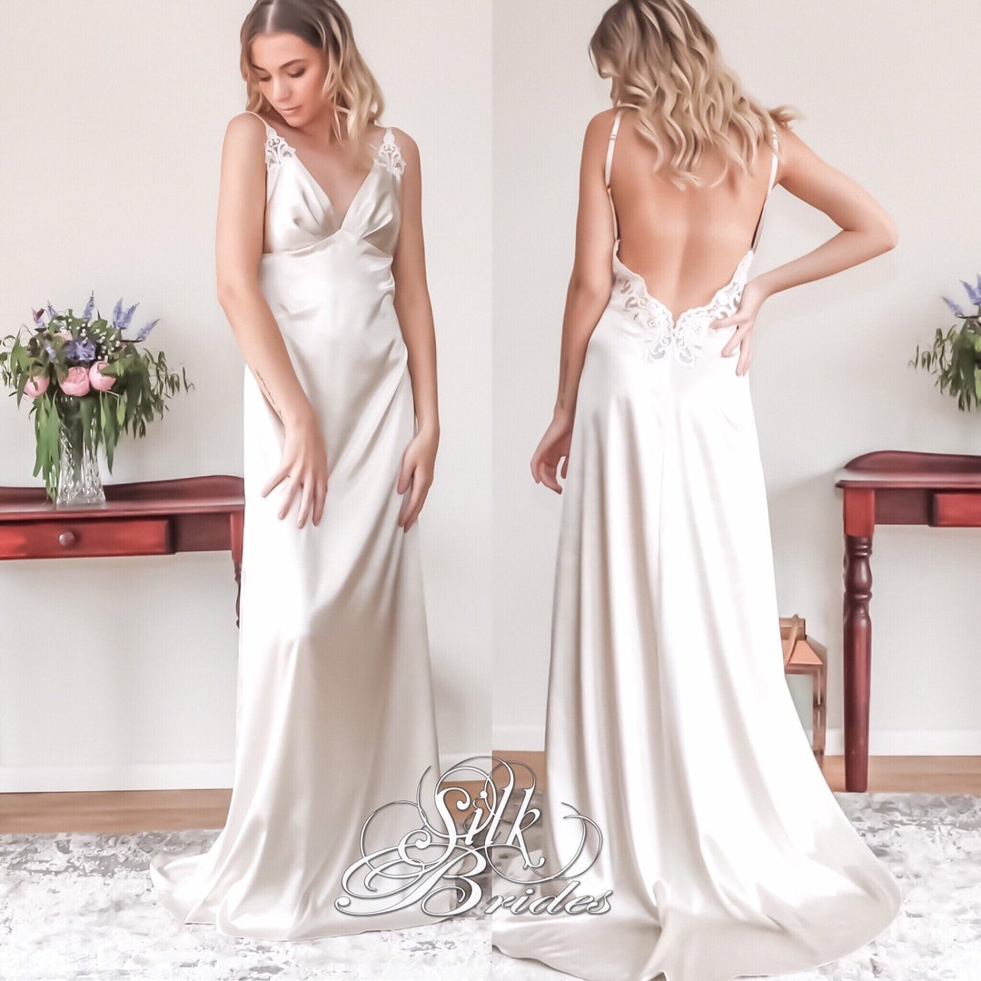 Champagne Satin Nightgown Negligee With Small Train, Boudoir Lingerie ...