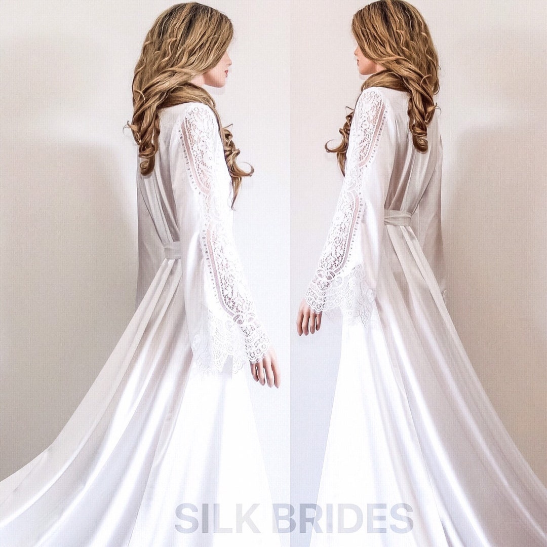 New Long Bridal Robe With Train, White Maxi Dressing Gown, Luxury ...