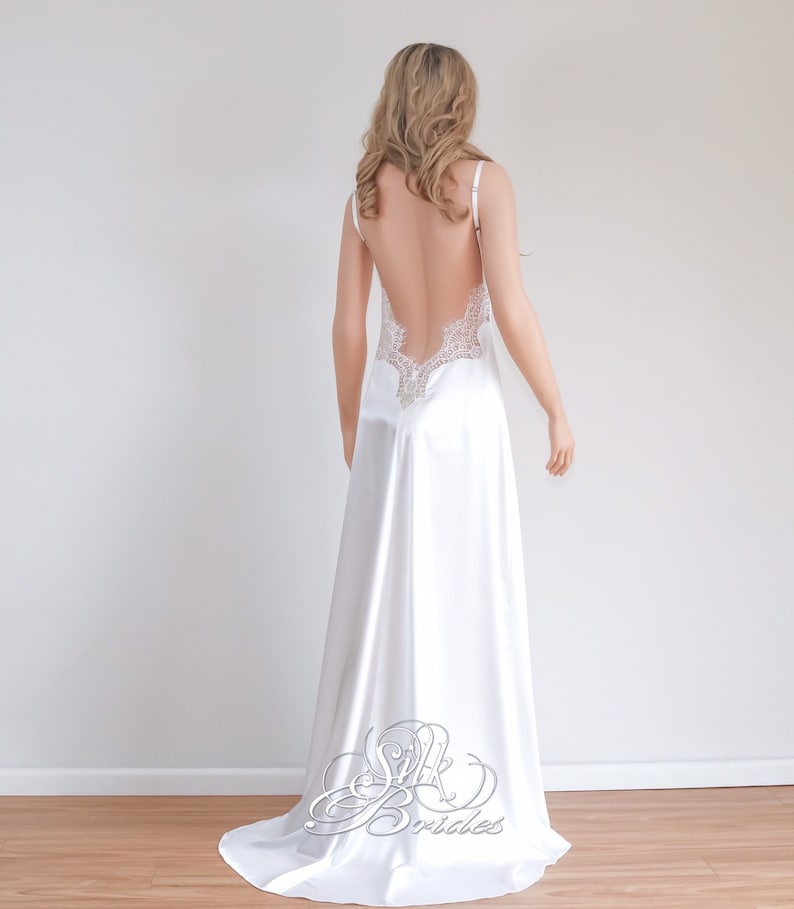 Elegant White Long Backless Satin Nightgown Negligee Slip, Honeymoon ...