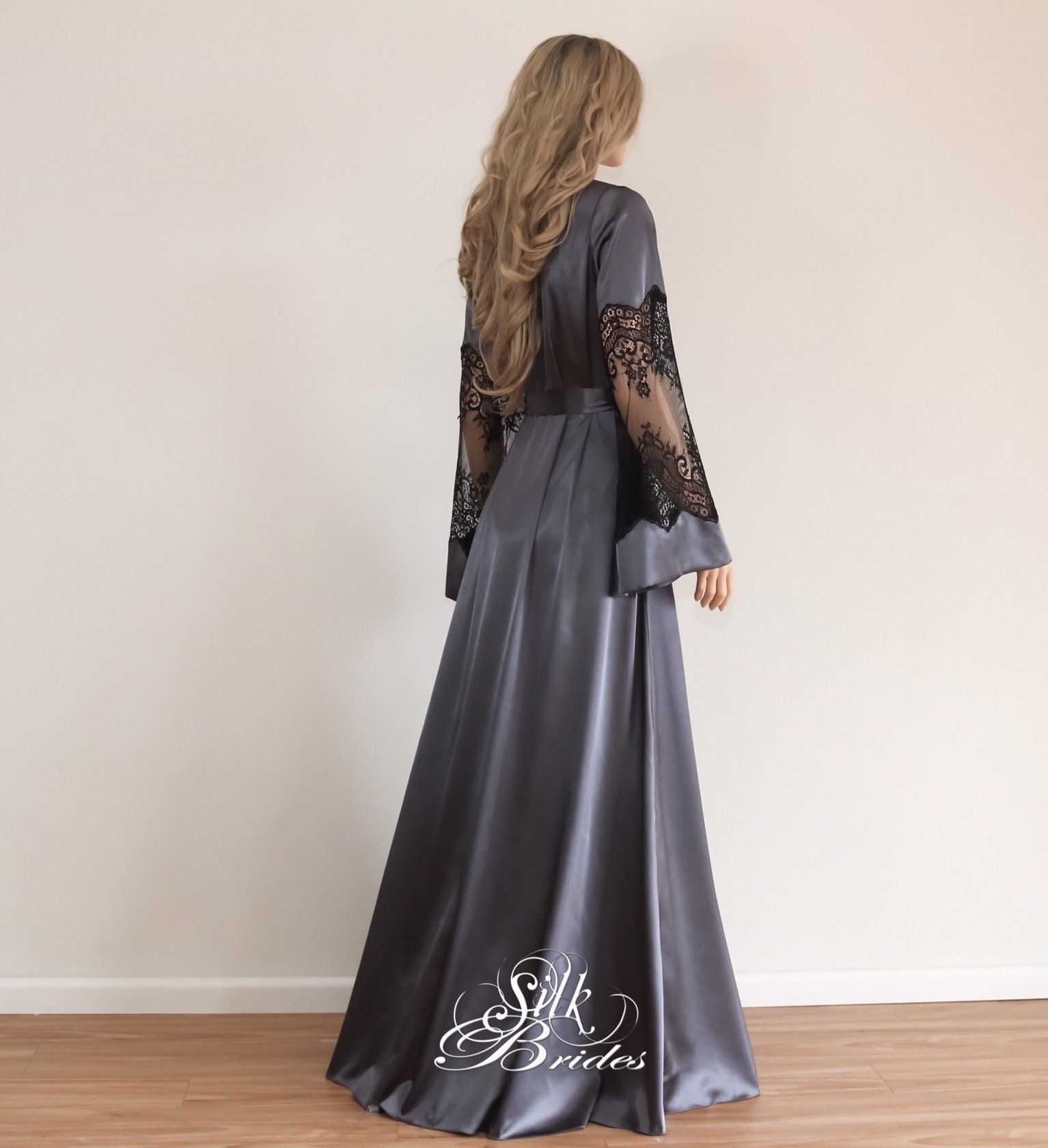 Maxi Floor Length Kimono Robe Dark Grey Satin & Black lace | Etsy
