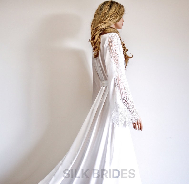 New Long Bridal Robe With Train, White Maxi Dressing Gown, Luxury ...